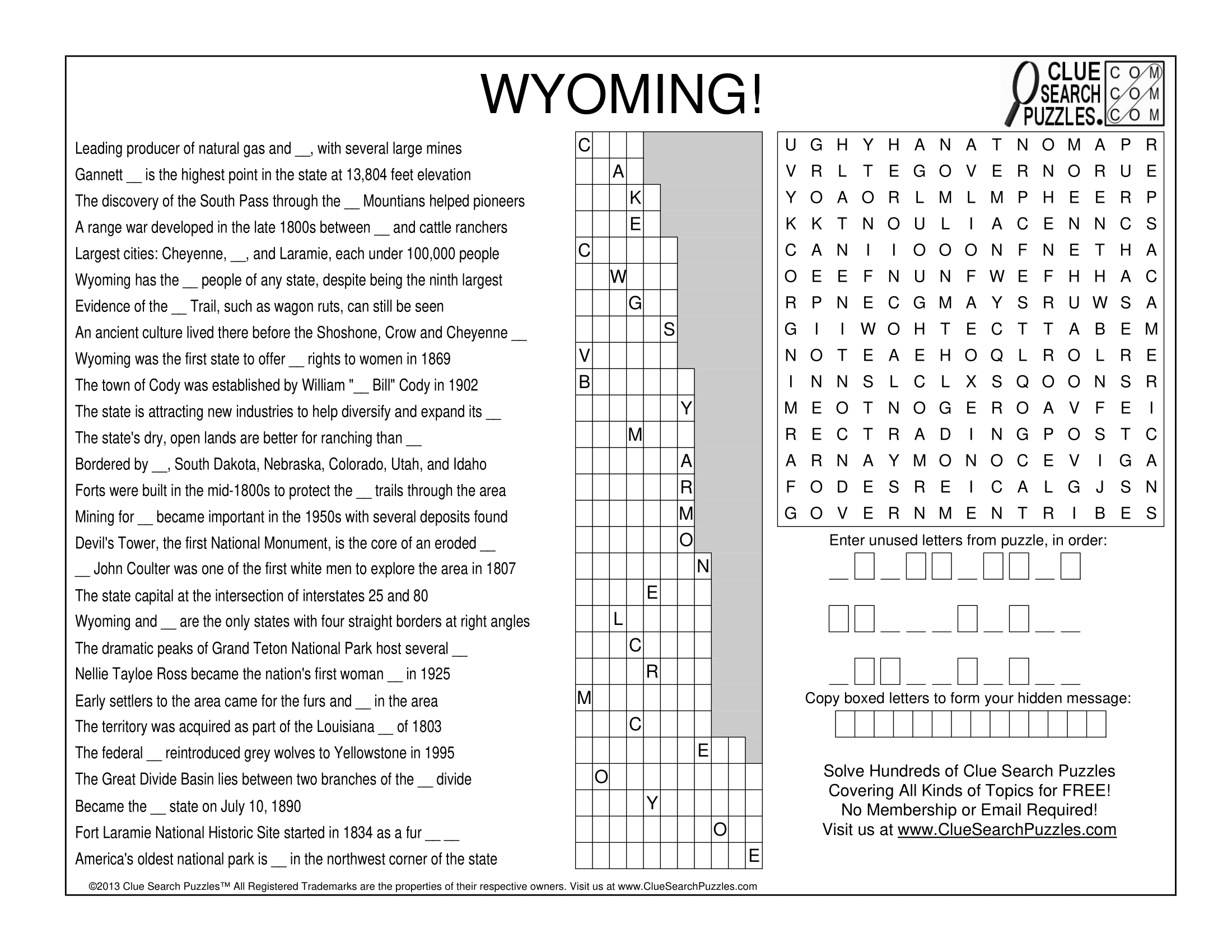WYOMING TRIVIA QUIZ – Clue Search Puzzles