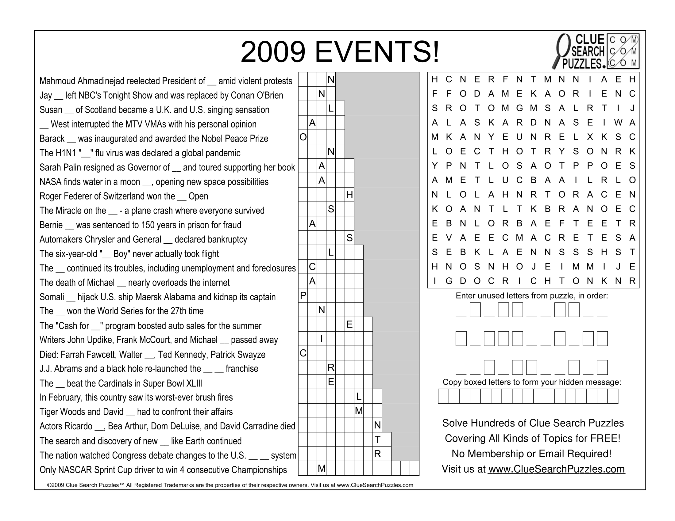 2009 EVENTS TRIVIA QUIZ – Clue Search Puzzles