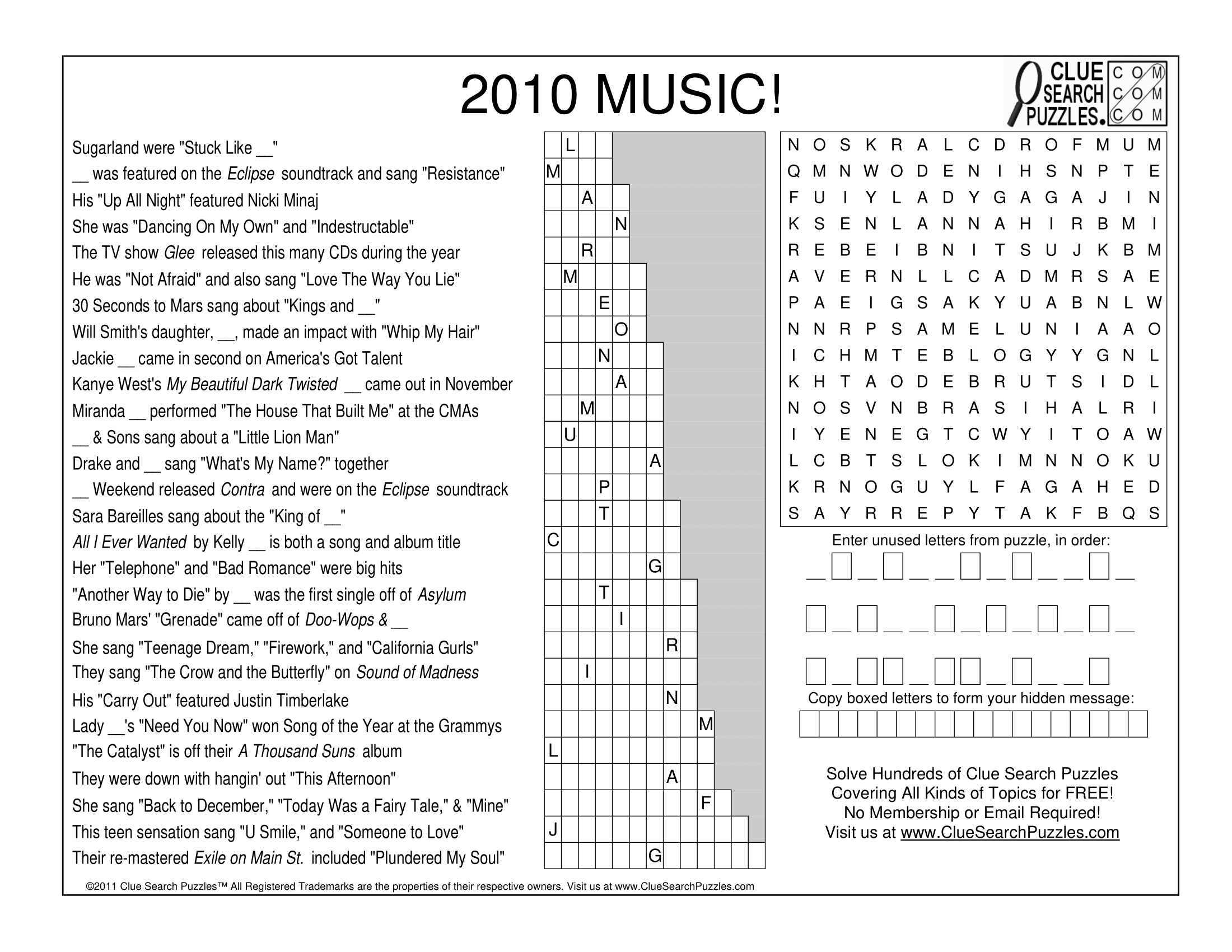 2010 MUSIC TRIVIA QUIZ – Clue Search Puzzles