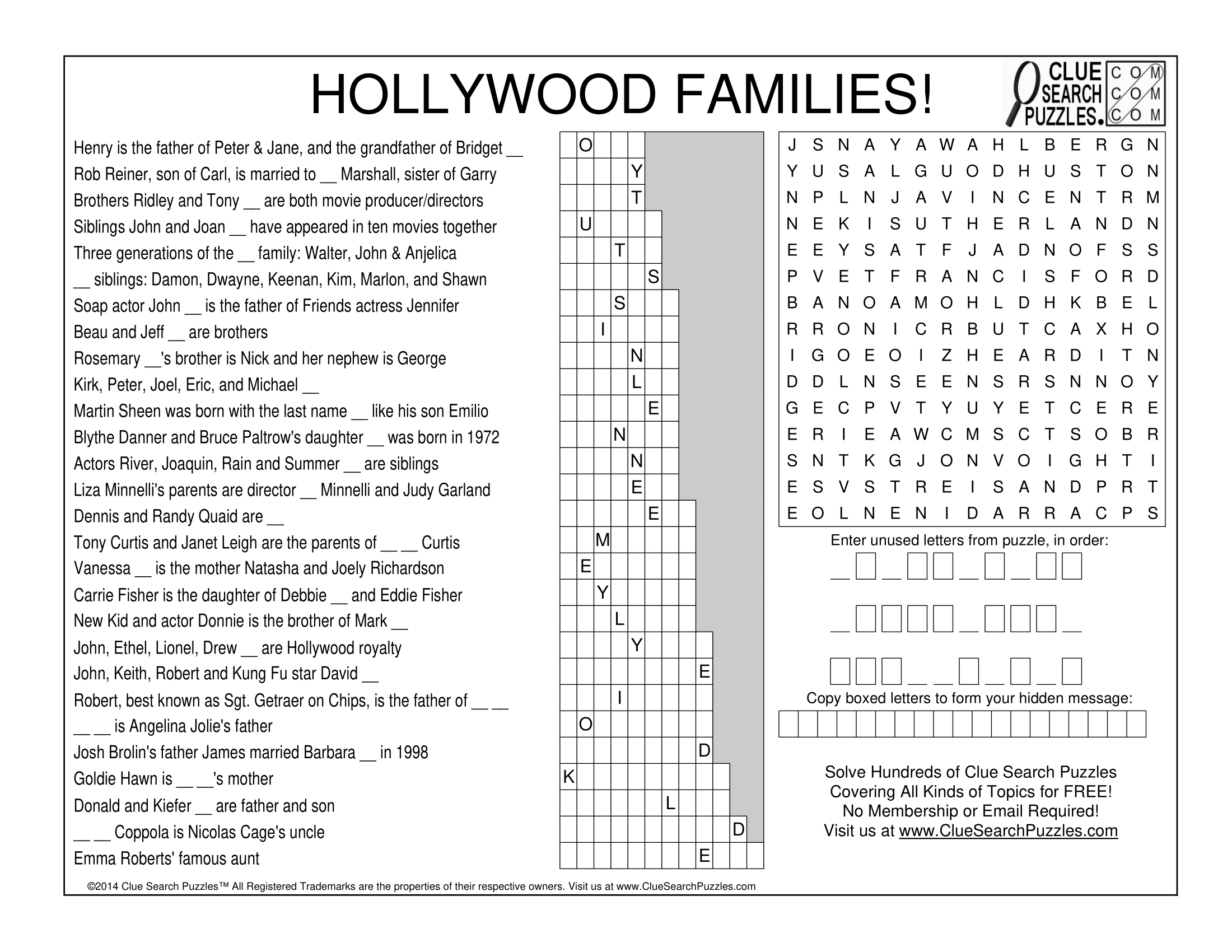 HOLLYWOOD FAMILIES TRIVIA QUIZ – Clue Search Puzzles